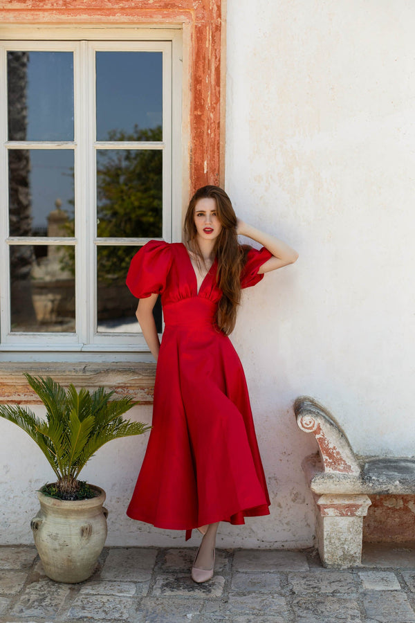 Red Midi Dress With Puff Sleeves And Open Back – Liina Stein